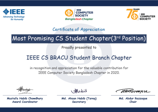 IEEE CS BRACU SBC secures 3rd Position in “Most Promising CS Student Chapter” for the year 2020 ...
